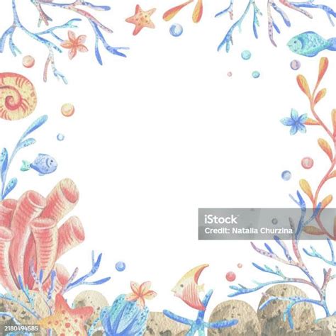 바다 산호 조류 조개 불가사리 물고기 거품 산호 청록색 파란색으로 그린 수채화 그림 배경에서 격리 된 정사각형 프레임 템플릿 가입서에 대한 스톡 벡터 아트 및 기타 이미지