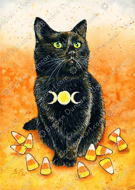 Candy Corn Kitten Watercolour Fantasy Halloween Black Cat Print Etsy