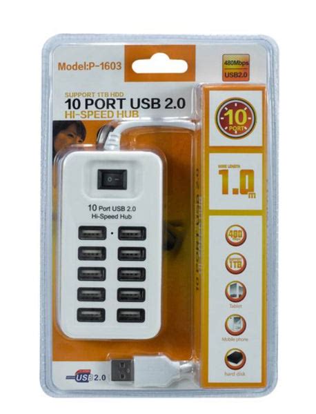 10 Port Usb Hub 2 0 Hi Speed Hard Disk With Switch 1 Meter Metre Compu Sglelong