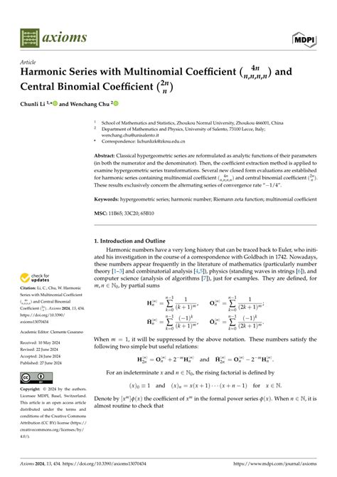 Pdf Harmonic Series With Multinomial Coefficient 4nnnnn And Central Binomial Coefficient 2nn Pdf Harmonic Series With Multinomial Coefficient 4nnnnn And Central Binomial Coefficient 2nn