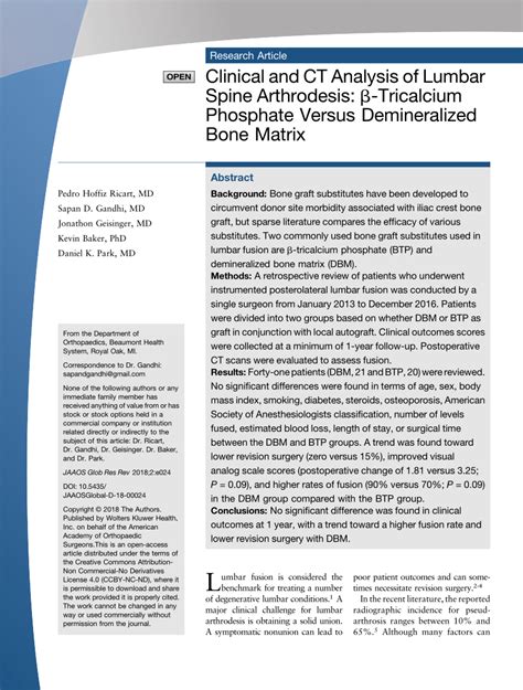 Pdf Clinical And Ct Analysis Of Lumbar Spine Arthrodesis β Tricalcium Phosphate Versus