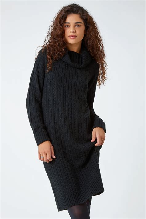 Black Roll Neck Knitted Jumper Dress Roman Uk