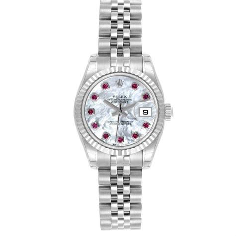 Rolex Datejust Steel White Gold Mother Of Pearl Ruby Dial Ladies Watch