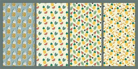 수박과 파인애플 이음매 없는 패턴 세트 과일 패턴입니다 여름 패턴입니다 직물 또는 덮개 용 패턴 배경 화면 개체 그룹에 대한