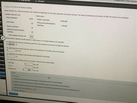 solved product cost method of product costing product cost