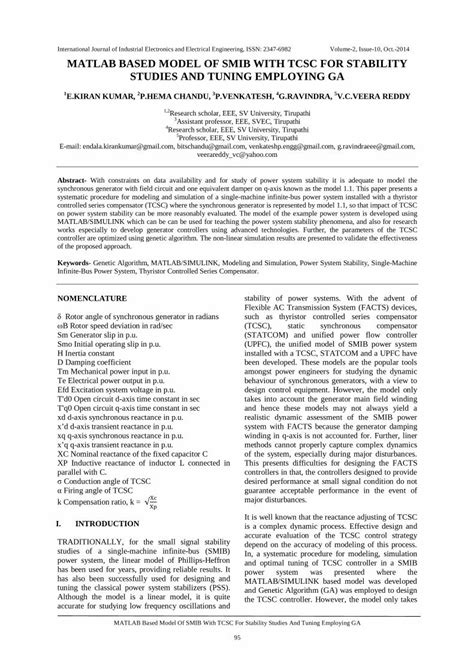 Pdf Matlab Based Model Of Smib With Tcsc For Stability Studies Pep