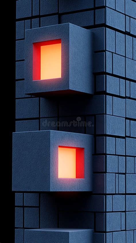 Geometric Abstract Illuminated Cubes Against Stacked Block Structure Stock Illustration