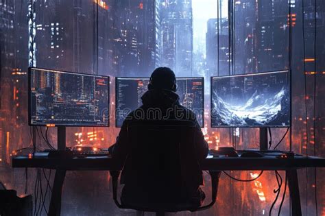in a dimly lit room a hacker operates multiple monitors to commit