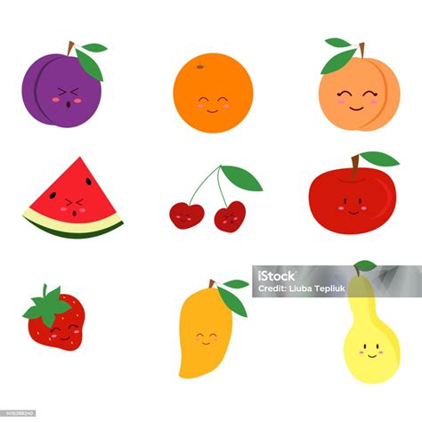 흰색 배경에 고립 된 얼굴 플랫 벡터 일러스트레이션이있는 귀여운 카와이 과일 세트 가공의 인물에 대한 스톡 벡터 아트 및 기타 이미지 가공의 인물 건강한 식생활 과일