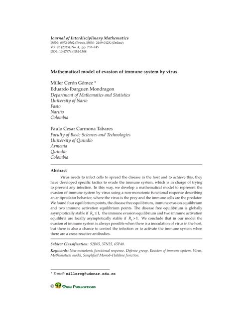Pdf Mathematical Model Of Evasion Of Immune System By Virus