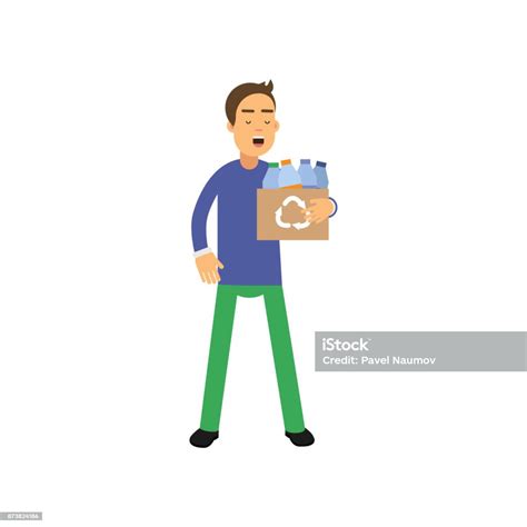 남자 만화 캐릭터 플라스틱 병 상자를 손에 들고 생태 라이프 스타일 개념 남자에 대한 스톡 벡터 아트 및 기타 이미지 남자