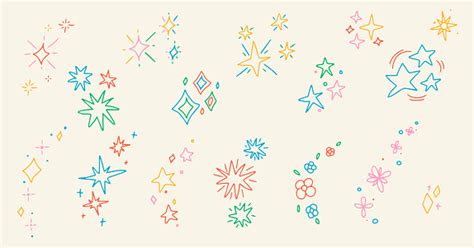 장난기 넘치는 여러 가지 빛깔의 종류 별 모양의 세트 스파클 요소 밝은 불꽃놀이 장식 반짝임 반짝이는 플래시 빛나는 조명 효과