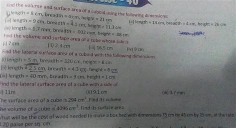 Find The Volume And Surface Area Of A Cuboid Using The Following Dimensio
