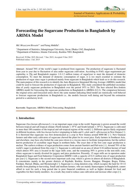 Pdf Forecasting The Sugarcane Production In Bangladesh By Arima Model