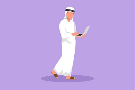 Premium Vector Graphic Flat Design Drawing Young Arab Businessman Standing And Using Laptop