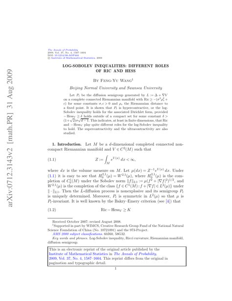 Pdf Log Sobolev Inequalities Different Roles Of Ric And Hess