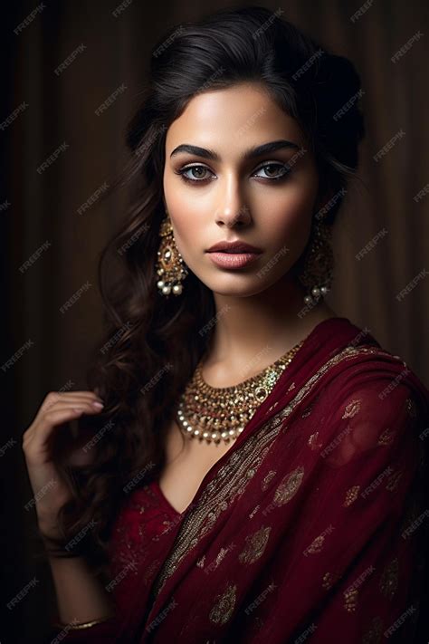 Beautiful Pakistani Girl Adorned In Maroon Sari Premium Ai Generated