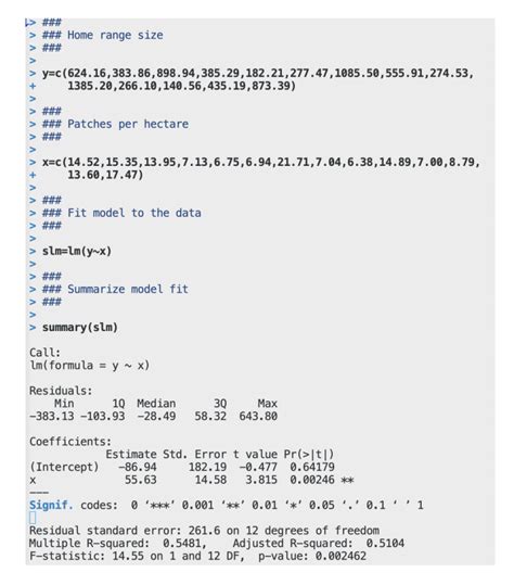 solved r output from simple linear regression model fit to