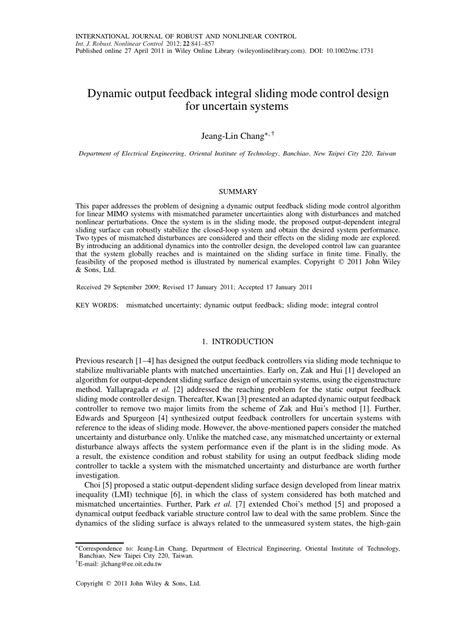 pdf dynamic output feedback integral sliding mode control design for