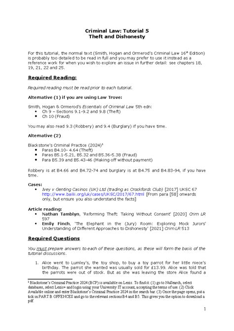 Criminal Law Tutorial 5 2024 Criminal Law Tutorial 5 Theft And