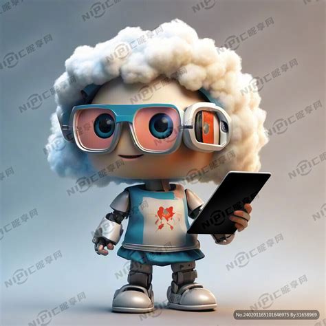 Ai创作图一个可爱俏皮的智能机器人 有着云朵一样可爱的脑袋 带着智能耳机眼镜 身着蓝色短袖 短袖左胸口有一个白色的标题 手里拿着平板电脑 是