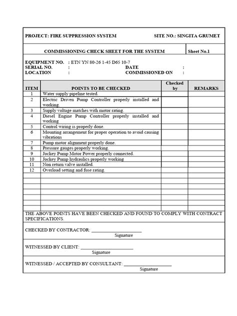 Commissioning Check Sheet For Sprinklers Pdf