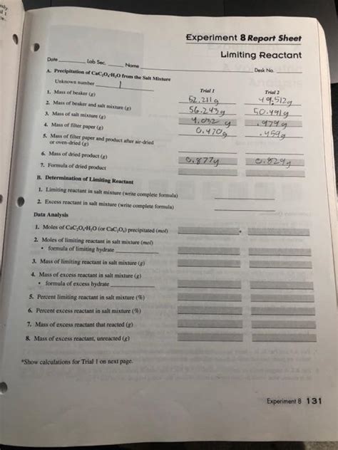 solved ly experiment 8 report sheet limiting reactant date