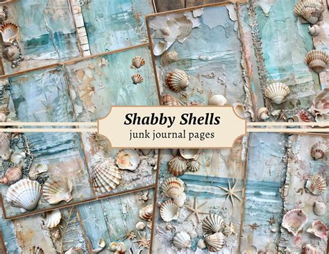 Shabby Shells Junk Journal Pages Digital Scrapbook Paper Kit Coastal Printable Vintage Beach