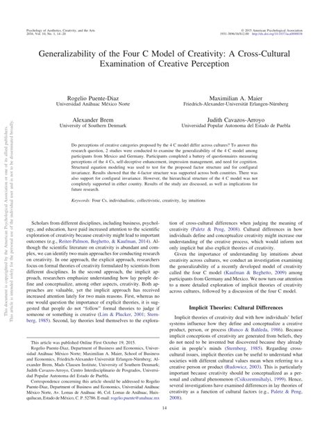 Generalizability Of The Four C Model Of Creativity A Cross Cultural Examination Of Creative