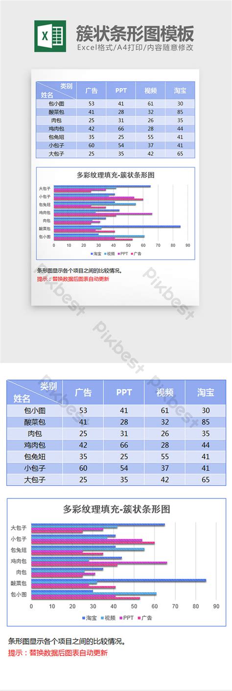 Colorful Three Dimensional Texture Clustered Bar Chart Excel Template Excel Xlsx Template Free