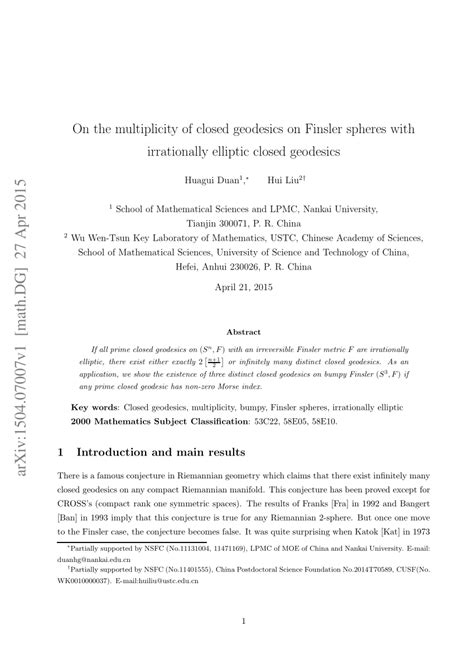 Pdf Multiplicity Of Closed Geodesics On Finsler Spheres With