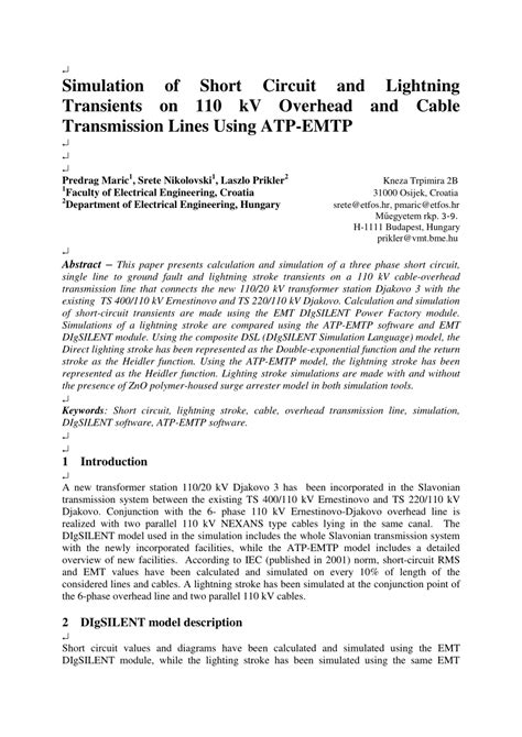 Pdf Simulation Of Short Circuit And Lightning Transients On 110 Kv Overhead And Cable