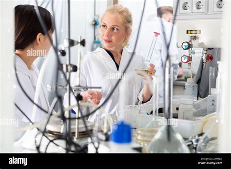 Woman Lab Technician With Female Assistant Working With Reagents Stock Photo Alamy