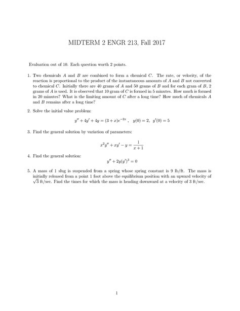 Midterm 2 2017 213 Fall Midterm 2 Engr 213 Fall 2017 Evaluation Out Of 10 Each Question