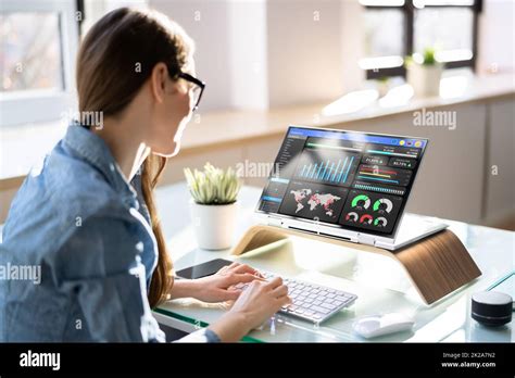 Businesswoman Using Analytics Data KPI Dashboard Stock Photo Alamy