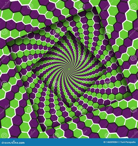 abstract shifted frames with a moving green purple hexagons spiral