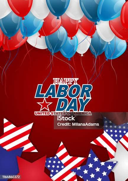 국기 요소와 파란색 빨간색 흰색 풍선과 별 비행 해피 노동절 배경 미국 휴가 디자인 개념입니다 벡터 그림입니다 9월에 대한 스톡 벡터 아트 및 기타 이미지 Istock