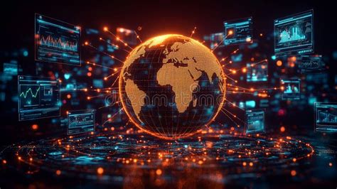 futuristic digital globe surrounded by interactive analytics screens and data visualizations ai