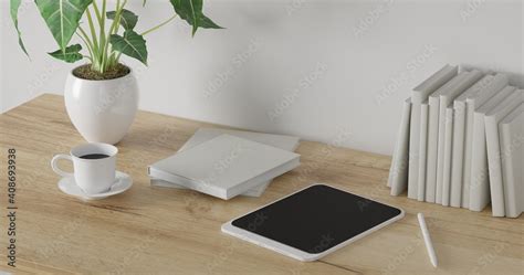 D Render Working Desk With White Background Tablet Pencil White Blank Book Green Plant And