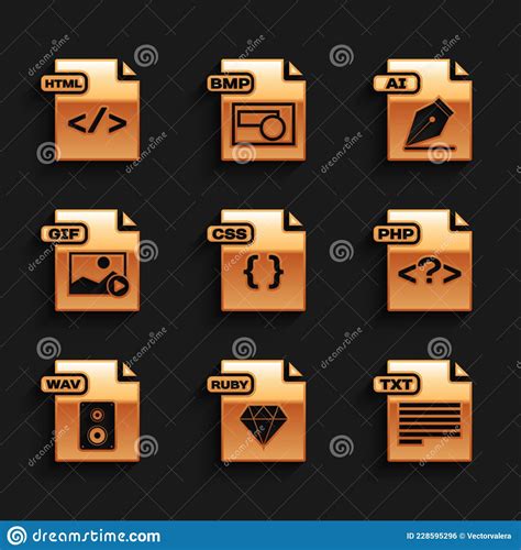Set Css File Document Ruby Txt Php Wav Gif Ai Y Html Icon Vector Ilustración del Vector