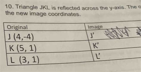 solved 10 triangle jkl is reflected across the y axis the o the new