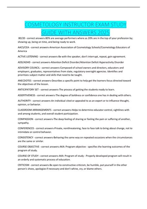 Cosmetology Instructor Exam Study Guide With Answers 2025 Cosmetology