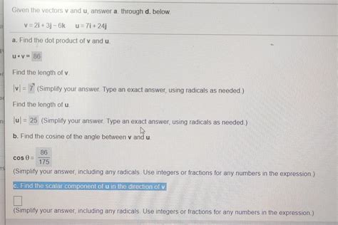 Solved Find The Scalar Component Of U In The Direction Of V Chegg Com