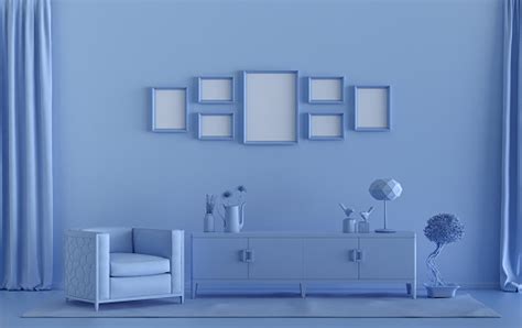 가구와 식물 3d 렌더링 솔리드 파스텔 라이트 블루 룸7 프레임 모형 포스터 갤러리 벽 흑백 사진에 대한 스톡 사진 및 기타 이미지 흑백 사진 파란색 색상 이미지