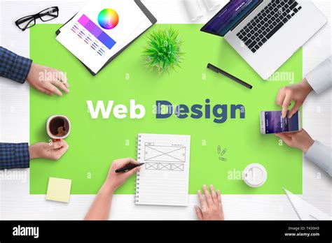 Web Design Text On Office Desk Concept Of Web Development Team Work Space Flat Design Flat