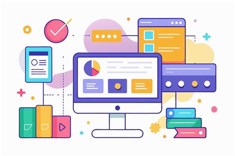 Illustration Of A Desktop Computer With A Website Displayed Featuring Charts Lists And Other