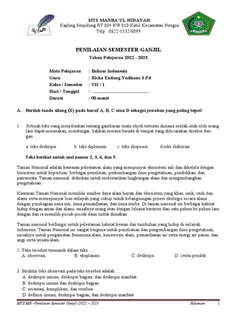 Soal B Indo Kls 7 Pts Ganjil Pdf