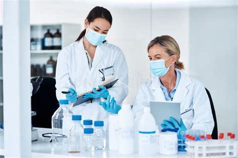 Getting Together For Some Lab Work Two Scientists Working Together In A Lab Stock Image
