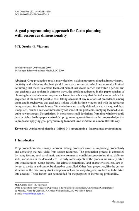 Pdf A Goal Programming Approach For Farm Planning With Resources Dimensionality