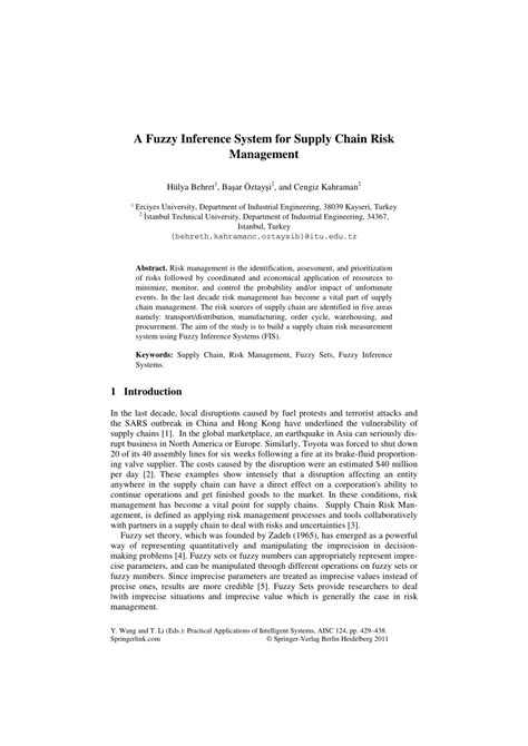 Pdf A Fuzzy Inference System For Supply Chain Risk Management